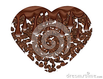 Coffee Beans Hart Shape With Drops Of Melted Chocolate On White ...