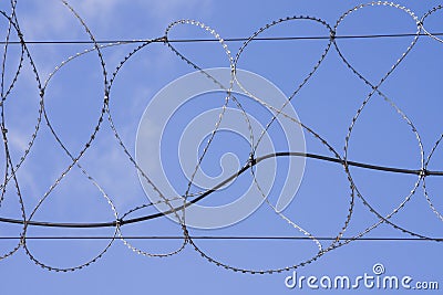Coiled Razor Wire With Its Sharp Steel Barbs On Top Of A Wire Mesh ...
