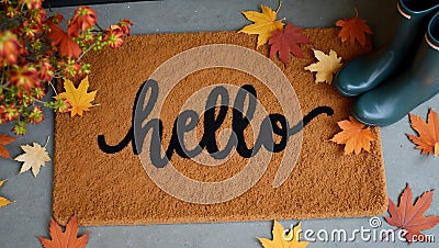 Coir Doormat With Hello In Cursive Autumn Leaves Rain Boots Stock Photo ...