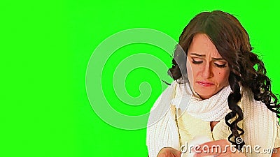 Cold Girl Blowing His Nose On Green Screen. Stock Video - Video of ...