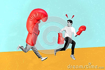 Collage Artwork Image Of Afraid Scared Man Escaping Weird Strong Boxer ...