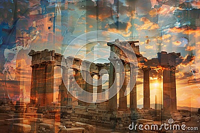 A Collage Featuring Iconic Greek Temples And Ancient Ruins Against A ...