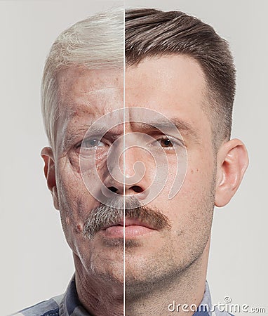 Collage Of Two Portraits Of The Same Old Man And Young Man. Face ...