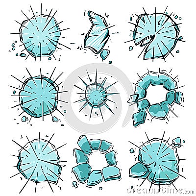 Collection Blue Shattered Glass Pieces Comic Book Style. Exploding ...