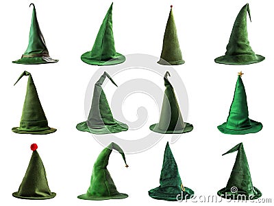 A Collection Of Twelve Green Wizard Hats With Variations In Design ...