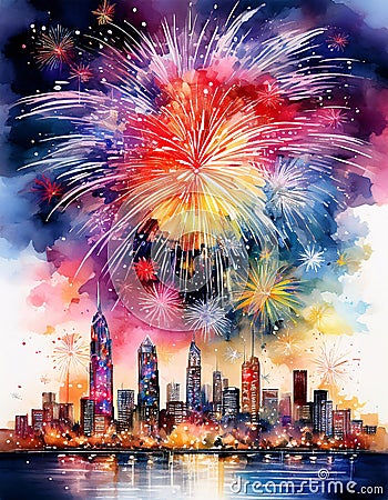 A Colorful Fireworks Display Explodes Over A City Skyline Royalty-Free ...