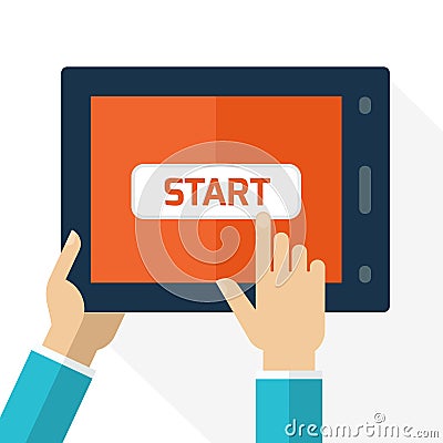 Colorful Flat Touch Interface With Start Button. Hand Using And Stock ...