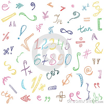 Colorful Hand Drawn Doodle Symbols And Numbers. Scribble Signs Isolated ...