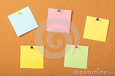 Colorful Papers Pined With Tacks On Brown Cork Board Background Stock ...