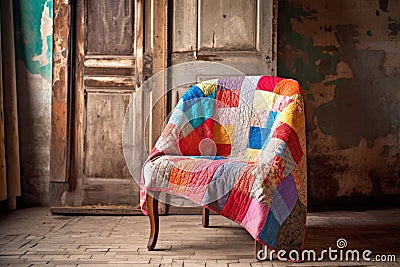 Colorful Patchwork Quilt Draped Over A Rustic Chair Stock Photo ...