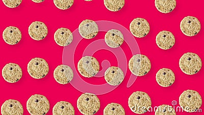 Colorful Pattern of Fresh Chocolate Chip Cookies on Red Background ...