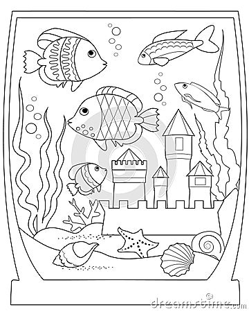 Coloring Book Page With Aquarium Or Underwater Scene With Fish And ...