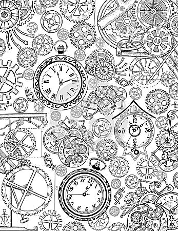 Coloring Book Page With Mechanical Details And Old Clocks Royalty-Free ...