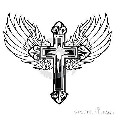Christian Cross Wing Crown Vector Drawing Blak Vintage Wings Bird ...