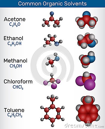 Common Organic Solvents. Molecular Structure Of Acetone, Ethanol ...