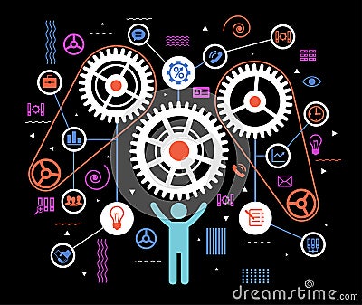 Complete The Process. Info Graphic Elements. Man Inserting A Cog Into ...