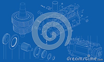 Complicated Engineering Drawing Of Car Engine Sect Vector Illustration ...