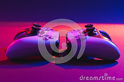 Composite Of Video Game Pads And Copy Space On Neon Background Royalty ...