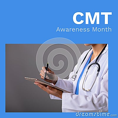 Composition Of Cmt Awareness Month Text With Caucasian Doctor On Blue ...