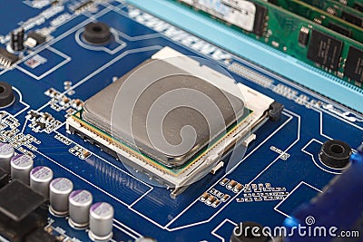 Computer CPU Close-up On The Motherboard Background, Socket Of Central Process Unit Stock Image ...