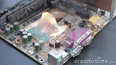 Computer Motherboard ,circuit Board is on Fire To Burn,flame. Short ...