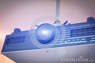 Computer Projector Wih Blue Light Flare Anging In Conference Hall Stock ...