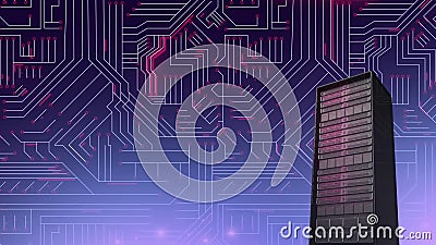 Computer Server Tower on Circuit Board with Purple Background Stock ...
