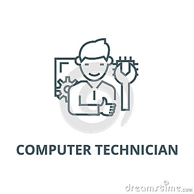 Computer Technician Line Icon, Vector. Computer Technician Outline Sign ...