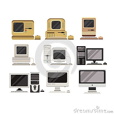 Computers Set, PC Evolution From Obsolete To Modern Vector Illustrations On A White Background ...