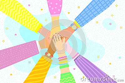Concept Of Team Work. Friends With Stack Of Hands Showing Unity And ...