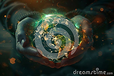 A Conceptual 3D Artwork Of The Earth Cradled In Human Hands The Surface ...