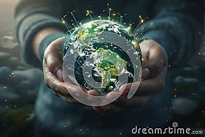 A Conceptual 3D Artwork Of The Earth Cradled In Human Hands The Surface ...