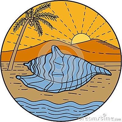 Conch Shell On Beach Mountain Sun Coconut Tree Mono LIne Vector ...
