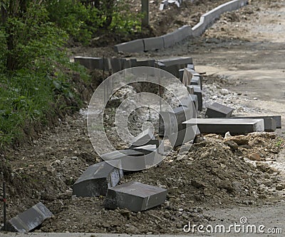 Concrete Curb Installation. String Line Level Guide Is Stretched ...