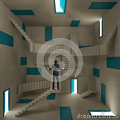 Confused Businessman In A Room Full Of Doors And Stairs Royalty-Free ...