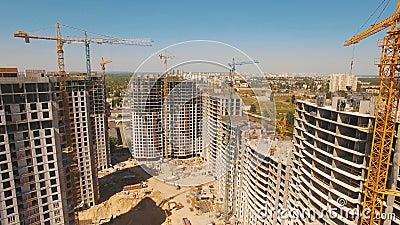 Construction of Houses. Drone Fly Over Construction Site with Tower ...