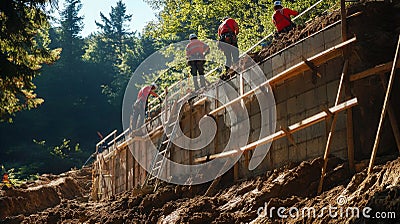 Construction Workers Building A Retaining Wall In A Forest Stock ...