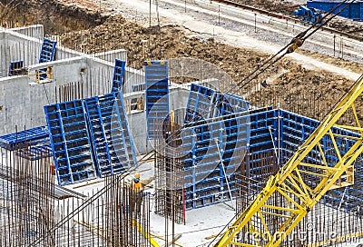 Construction Workers Install Formwork And Iron Rebars Or Reinforcing ...
