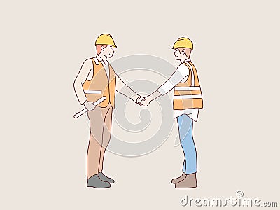 Construction Workers Teamwork Shake Hands Cooperate Simple Korean Style ...