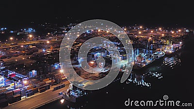 AERIAL Container Ships are in the Port at the Quay Wall at Night Stock ...