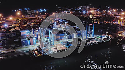 AERIAL Container Ships are in the Port at the Quay Wall at Night Stock ...