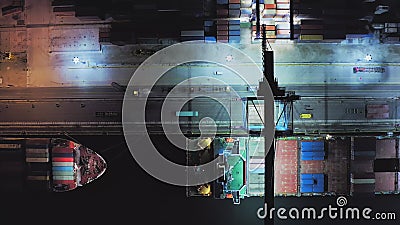 AERIAL Container Ships are in the Port at the Quay Wall at Night Stock ...