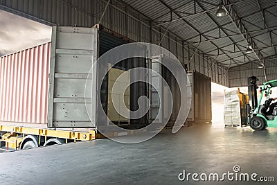 Contaner Trailer Trucks Parked Loading At Dock Warehouse. Shipping ...