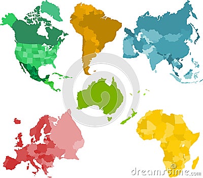Colorful World Map with Continents and Globes Stock Vector ...