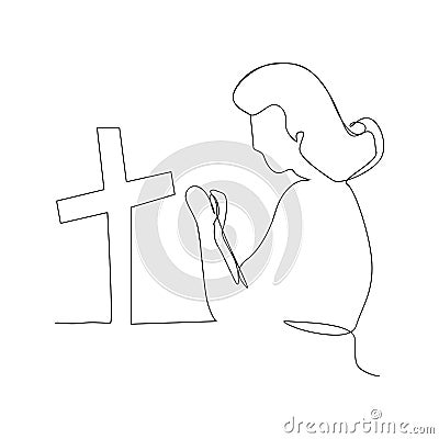 Continuous Line Drawing Of Christian Prayer. Isolated Sketch Drawing Of ...
