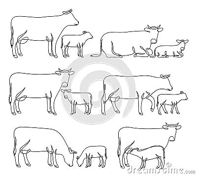 Continuous Line Drawing Of Cows And Calves Vector Illustration ...