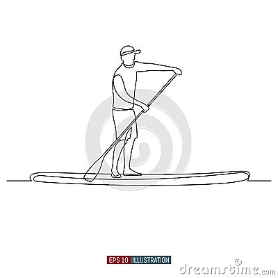 Continuous Line Drawing Of Man On Puddleboard. SUP Boarding. Template ...