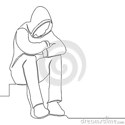 Continuous Line Drawing Sad Man Alone Concept Cartoon Vector ...