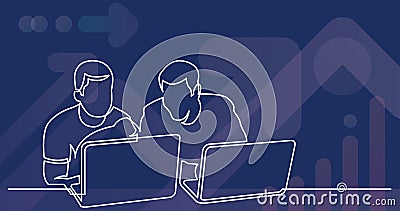 Continuous Line Drawing Of Two Men Sitting And Talking With Laptop ...