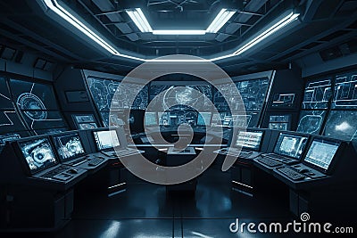 Control Room With Screens And Computers, Interior Of Command Center ...
